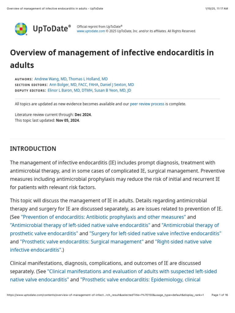 Overview of Management of Infective Endocarditis in Adults UpToDate | PDF | Medical Specialties ...