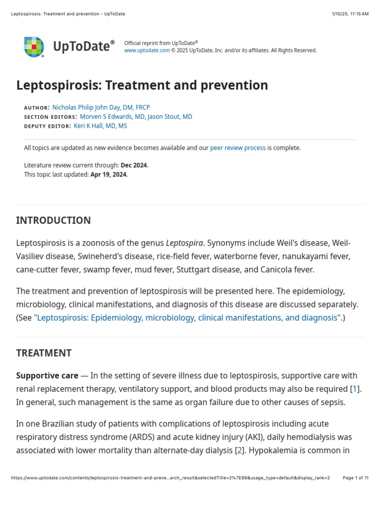 Leptospirosis Treatment and prevention - UpToDate | PDF | Medical ...