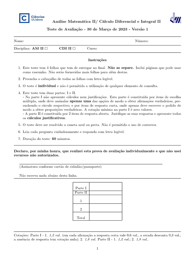T1V1-Teste de AM II-CDI II 30-03-23 | PDF | Analise matemática | Matemática