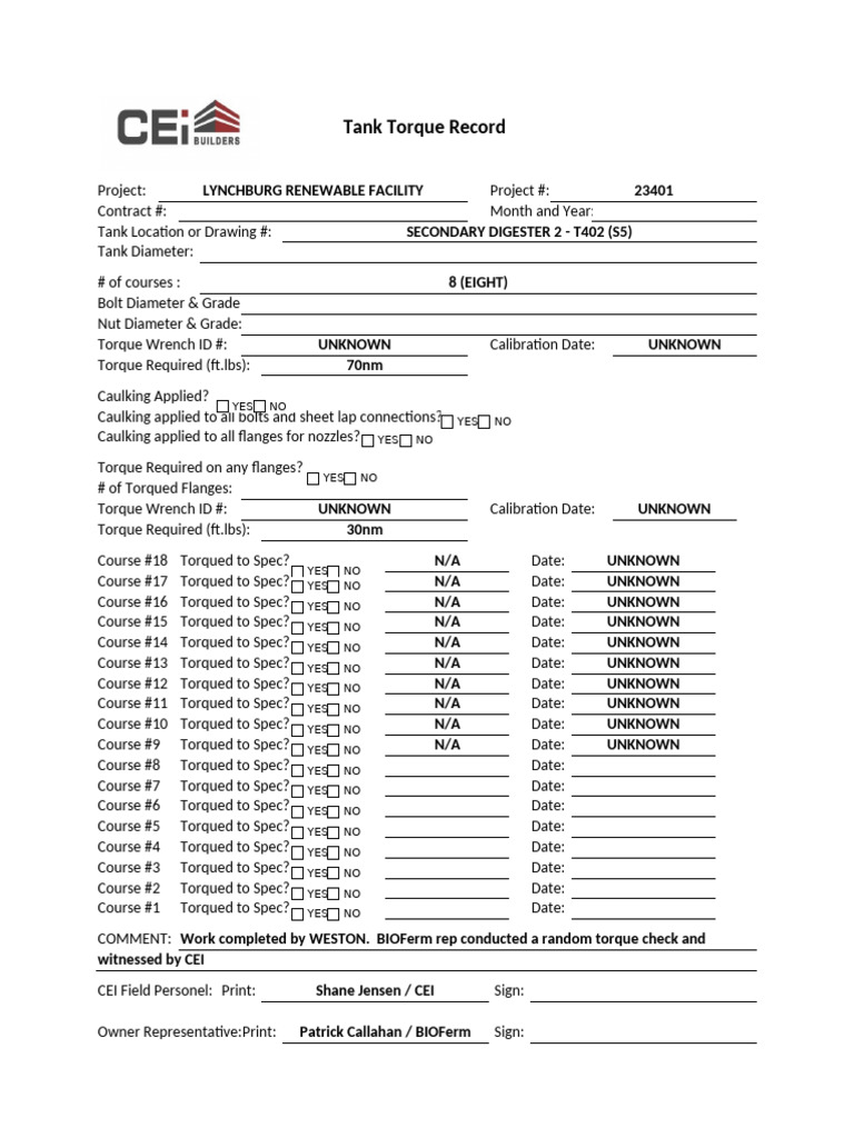 T402 Tank Torque Record | PDF | Metalworking