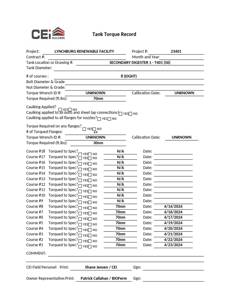 T401 Tank Torque Record | PDF | Metalworking