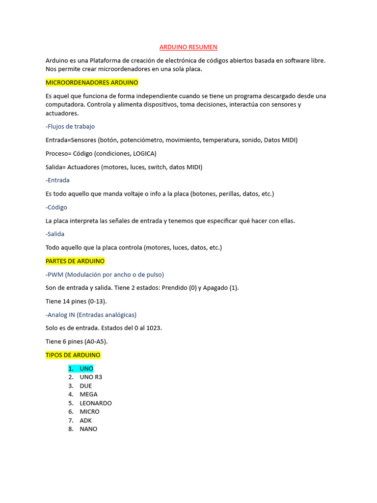 Arduino Resumen | PDF | Arduino | Ingenieria Eléctrica