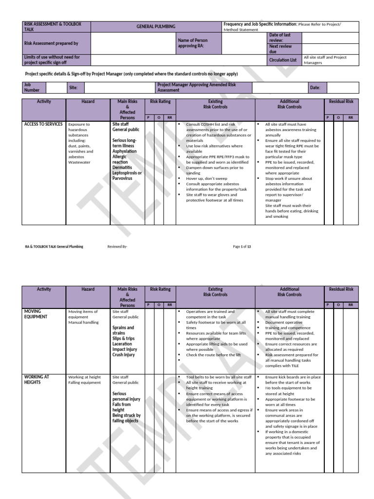 General Plumbing Risk Assessment | PDF | Personal Protective Equipment ...
