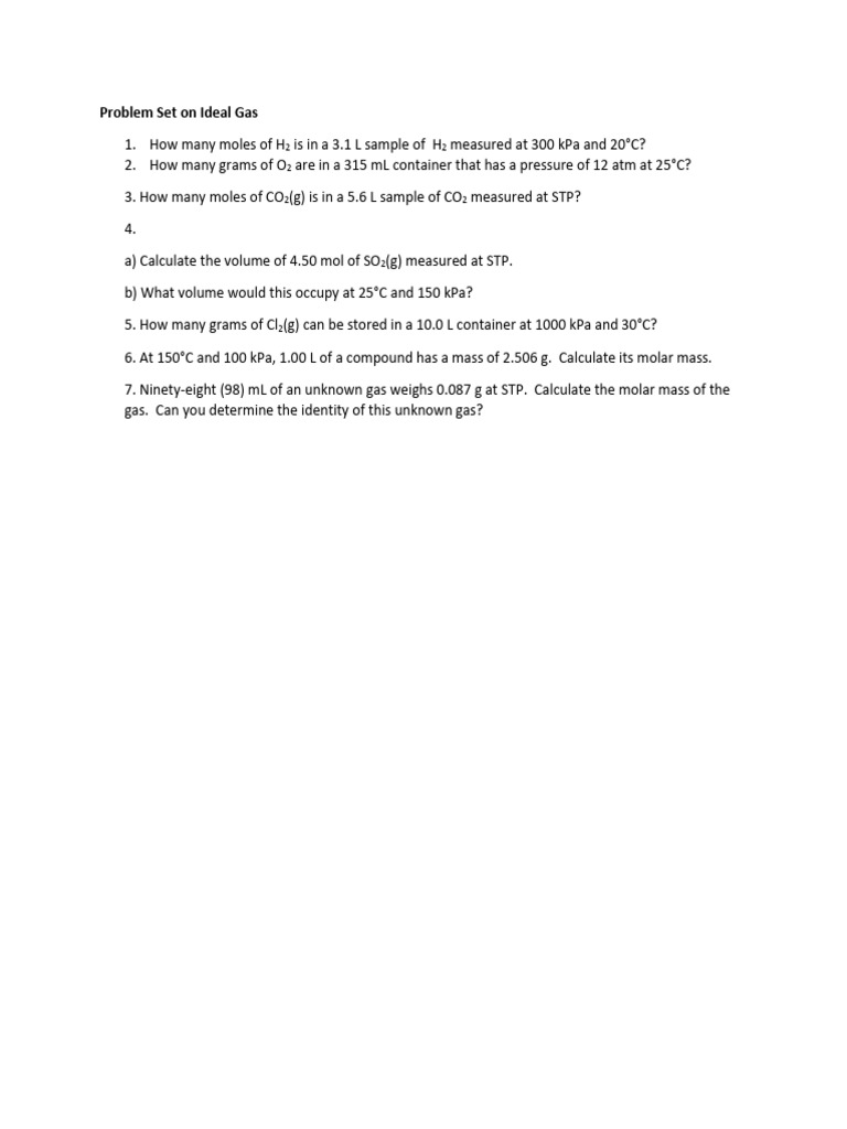 Ideal Gas Law Problem Set | PDF
