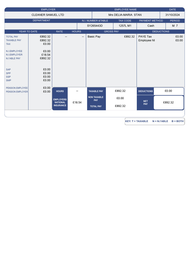 Delia-maria Stan - Period - 7 (October)Cleaner Samuel Ltd - Payslip ...