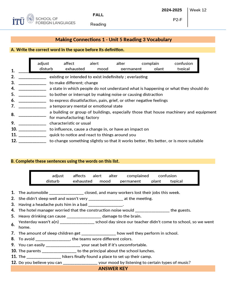 Making Connections 1 Unit 5 Reading 3 Vocabulary | PDF | Mood ...