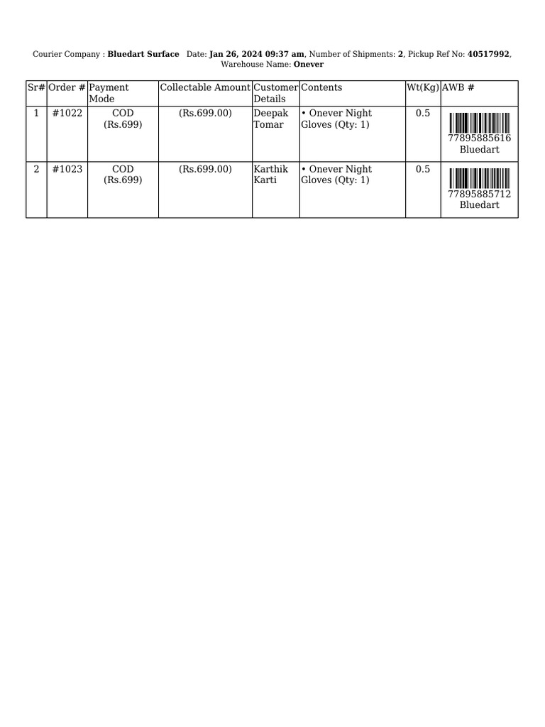 Bluedart Shipment Details for Jan 2024 | PDF