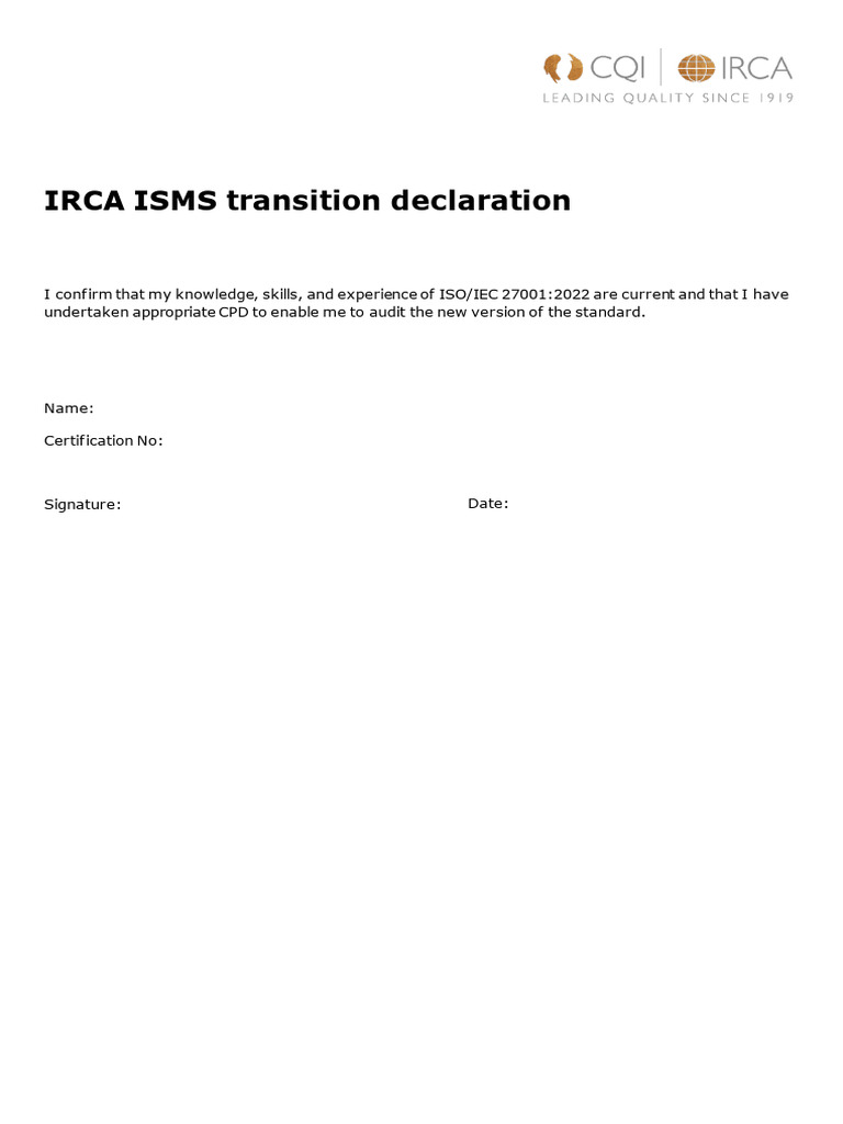 IRCA ISMS Transition Declaration Form | PDF