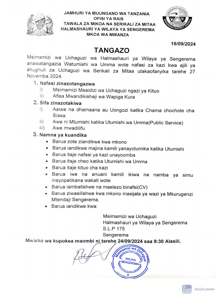 Tangazo Ajira-Uchaguzi Serikali Za Mitaa | PDF