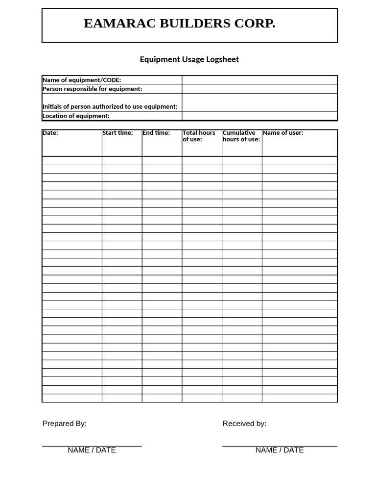 Equipment Usage Logsheet | PDF