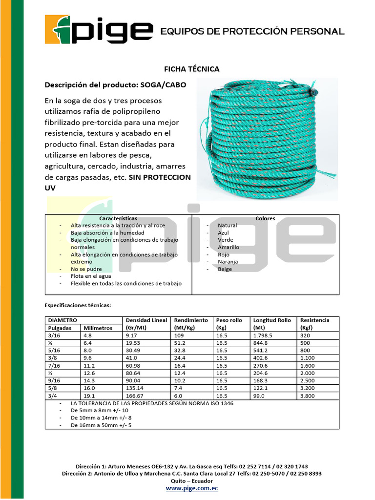 Soga Cabo Fortex m0067 Ficha Tecnica | PDF