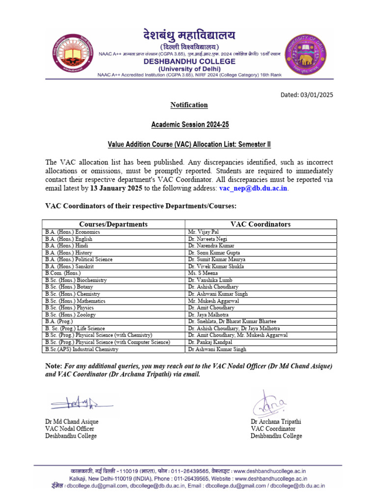 VAC 2024-25 List Notification, Sem-II-combined | PDF | Academic Degree