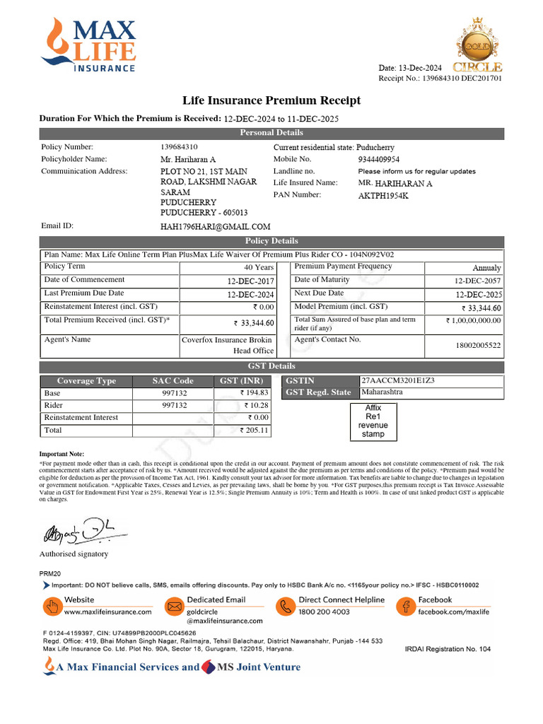 Life Insurance Premium Receipt 2017 | PDF | Taxes | Insurance