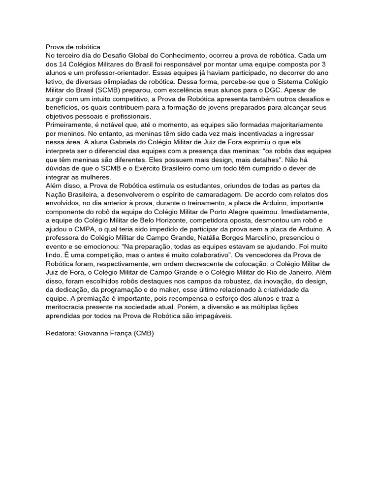 Prova de Robótica | PDF | Robô | Robótica