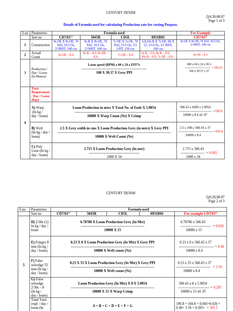 Formula Used & Yarn Requirement & Example | PDF | Loom | Textiles