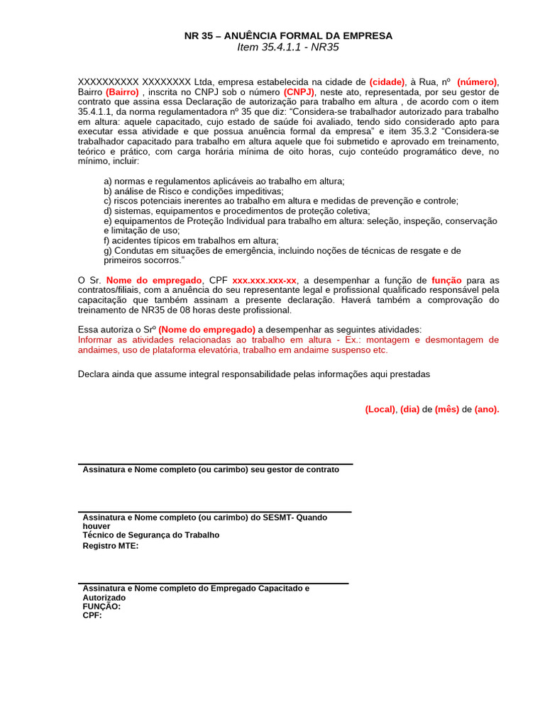 Modelo de Anuência Formal NR 35 | PDF | Pessoal (trabalho)
