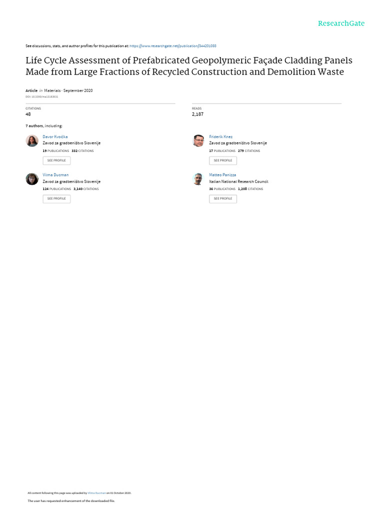 Life Cycle Assessment of Prefabricated Geopolymeric Façade Cladding ...