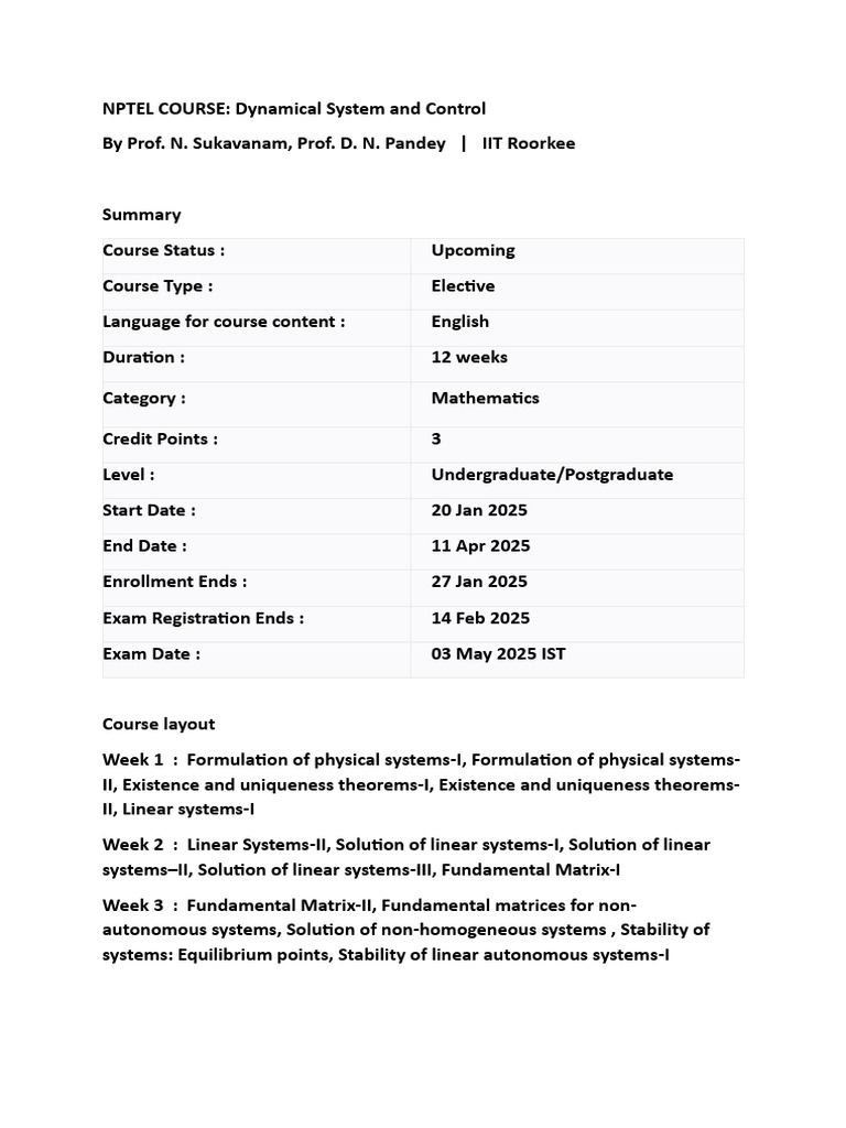 Dynamical System and Control-Syllabus | PDF | Stability Theory | Mathematical Analysis