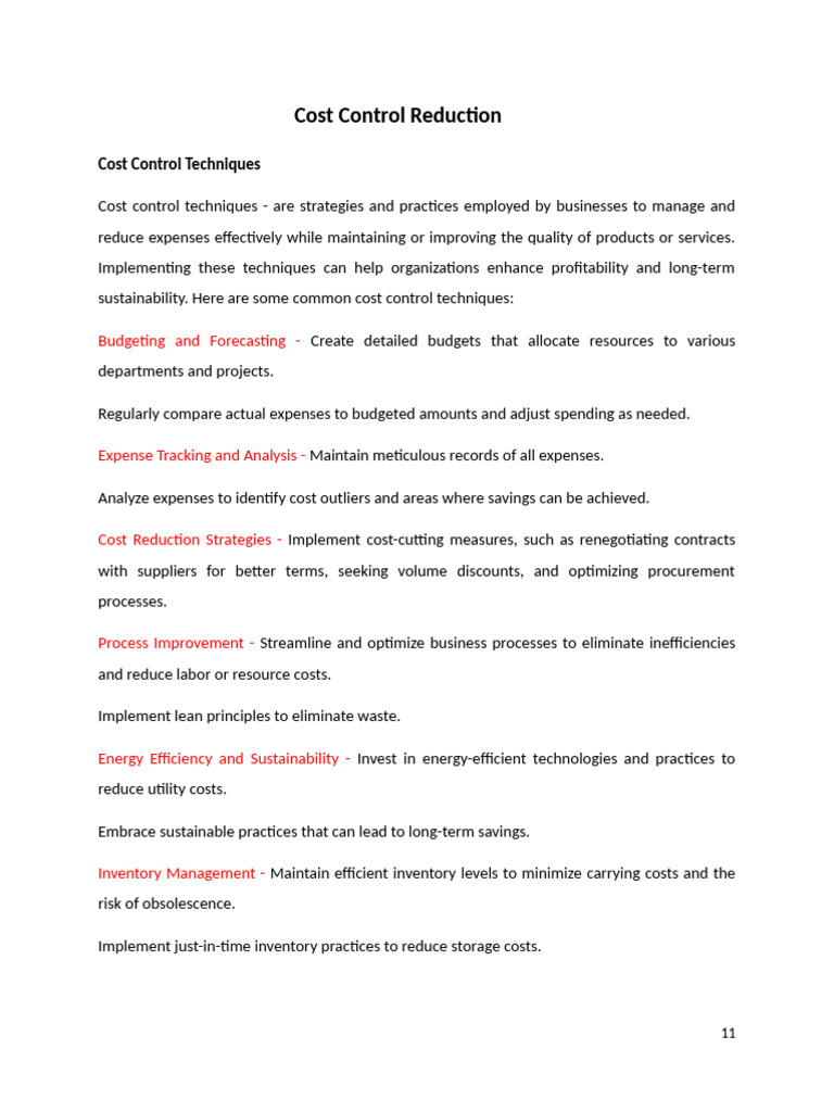 Cost Control Reduction Pdf Cost Accounting Expense