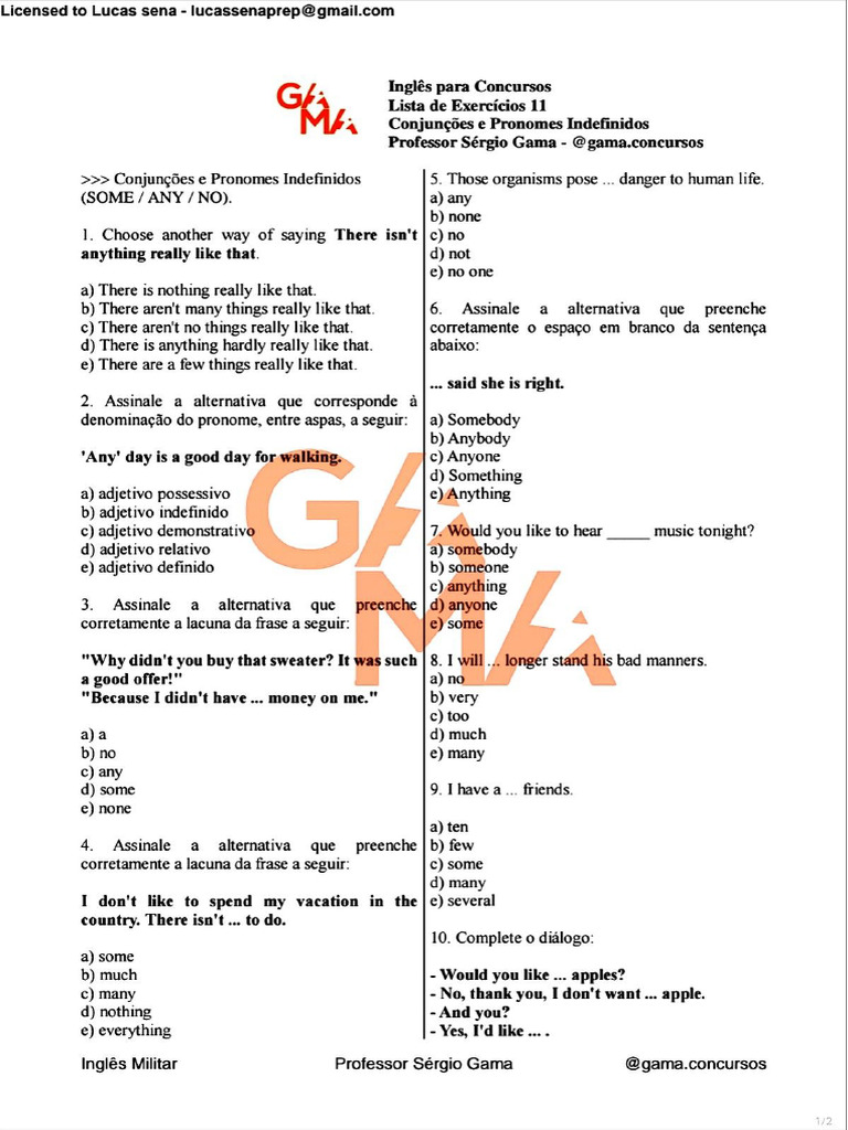 Lista 11 - Conj e Pron Indefinidos | PDF