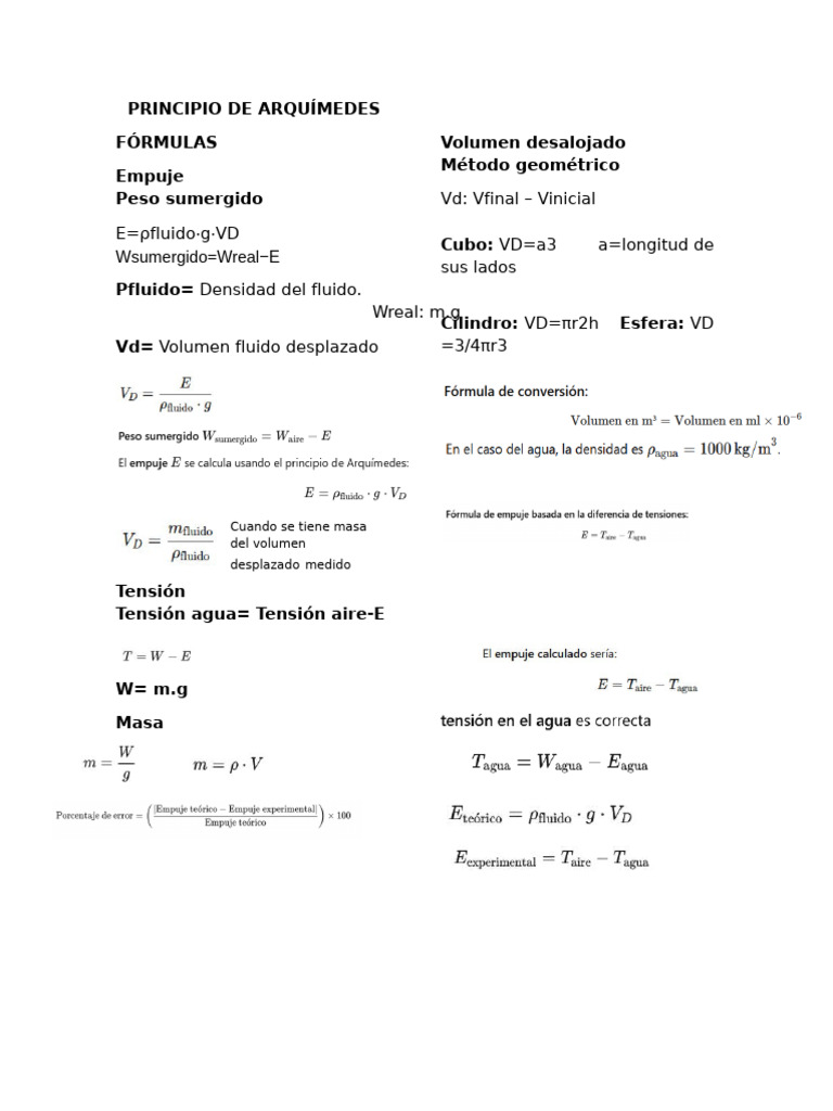 Formulas Principio de Arquimedes | PDF