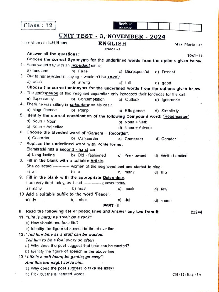 12th English Unit Test 3 November 2024 Question Paper With Answer Key ...