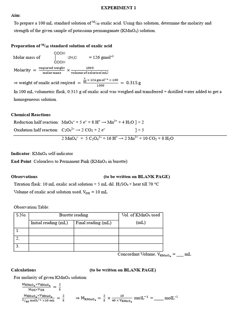 Oxalic Acid Solution Prep & KMnO4 Analysis | PDF | Titration | Chemistry