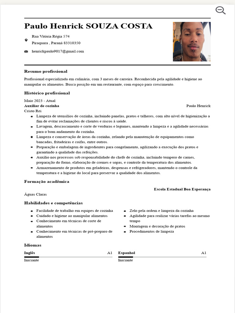 Currículo de Auxiliar de Cozinha Paulo Henrick | PDF | Alimentos