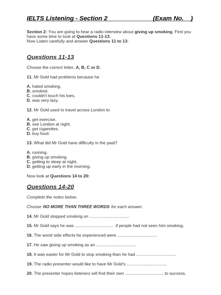 IELTS Listening - Section 2 Givingup Smkoing | PDF