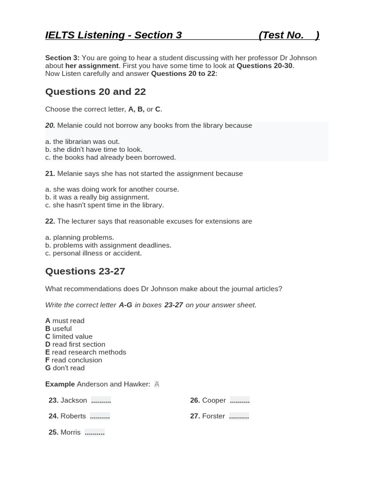 IELTS Listening Test 3: Section 3 Answers | PDF