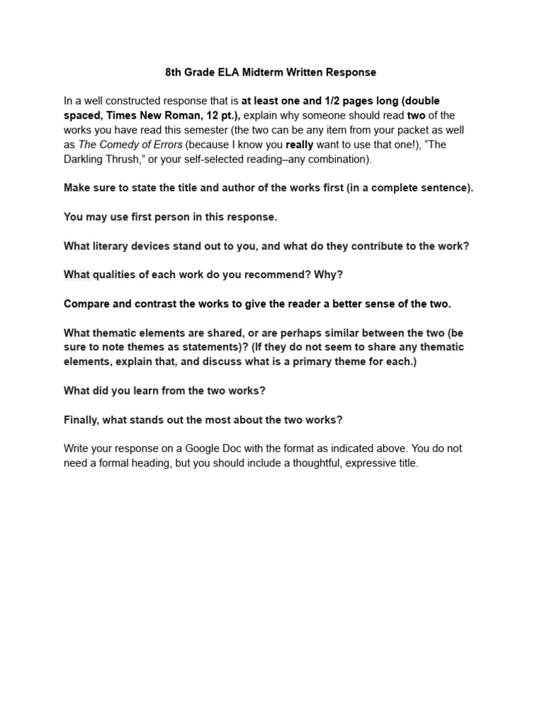 8th Grade ELA Midterm Response Guide | PDF