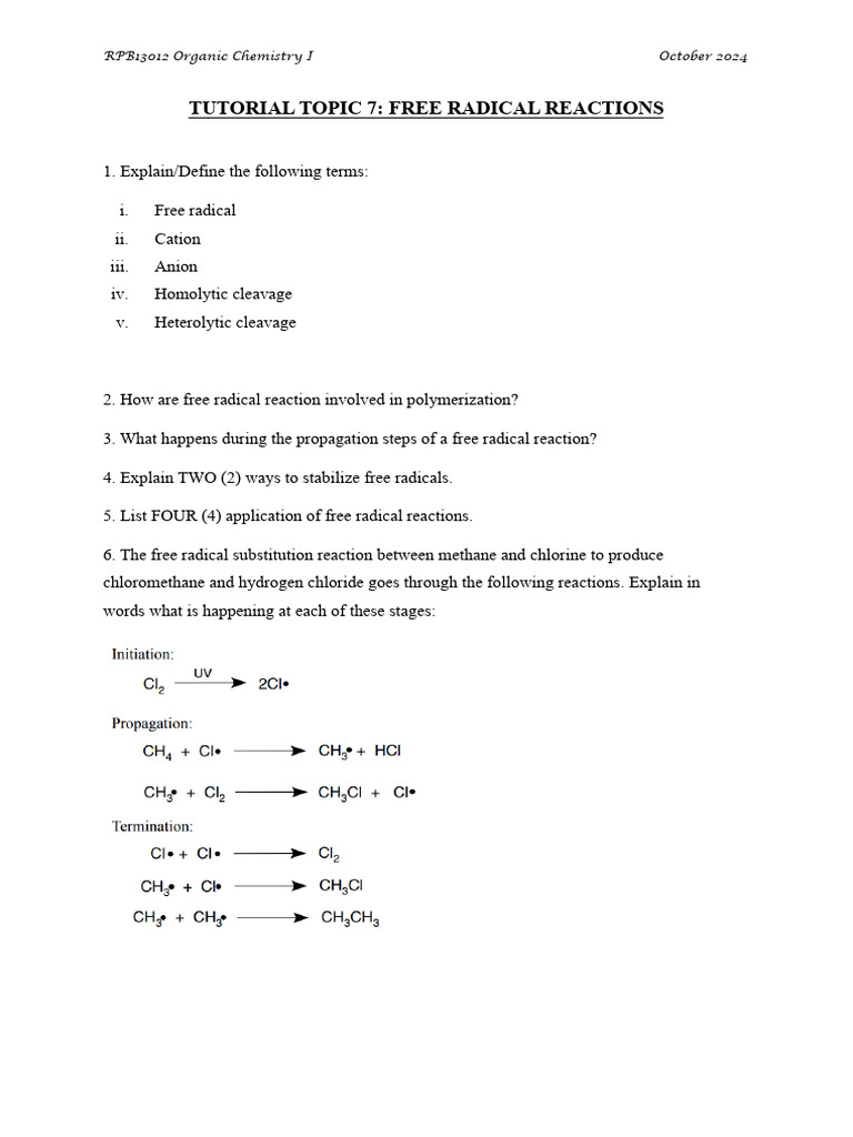 TUTORIAL TOPIC 7 8 | PDF | Radical (Chemistry) | Chemical Reactions