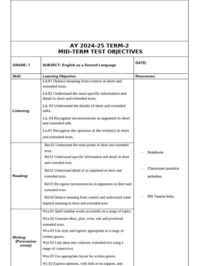 Grade 7 ESL Mid-Term Test Objectives | PDF