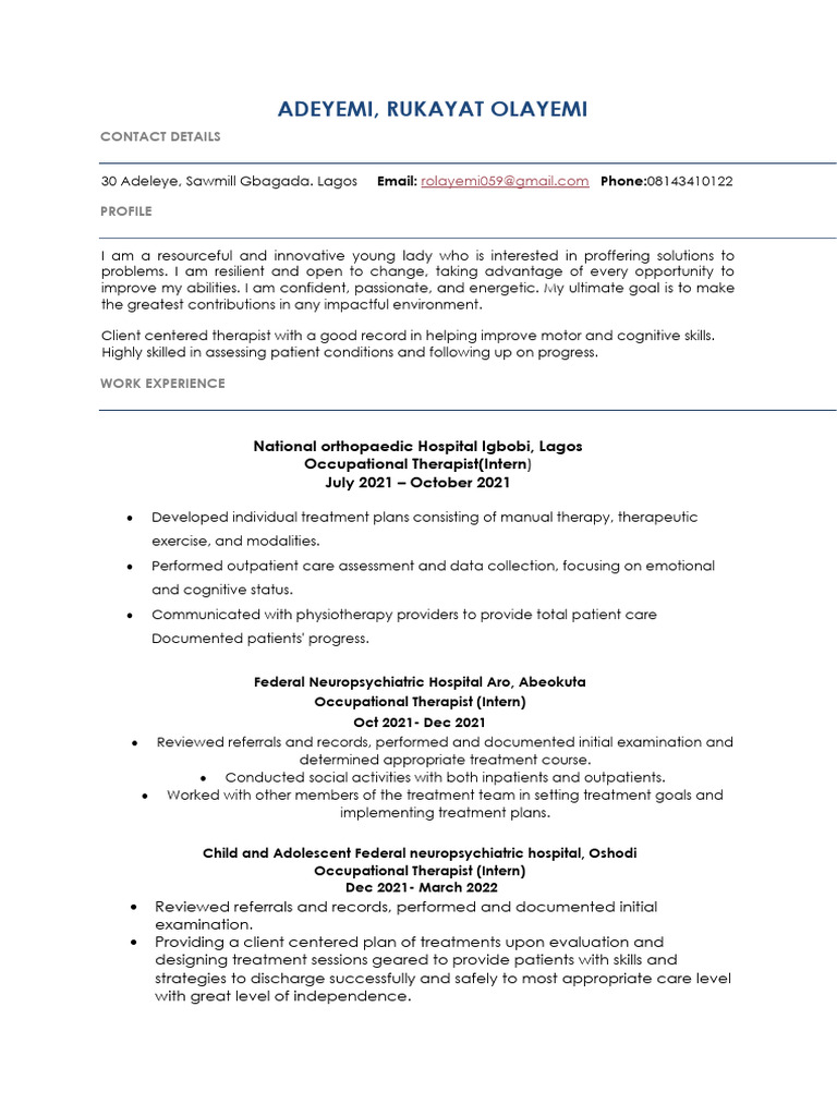 Olayemi Adeyemi's CV | PDF | Occupational Therapy | Psychotherapy