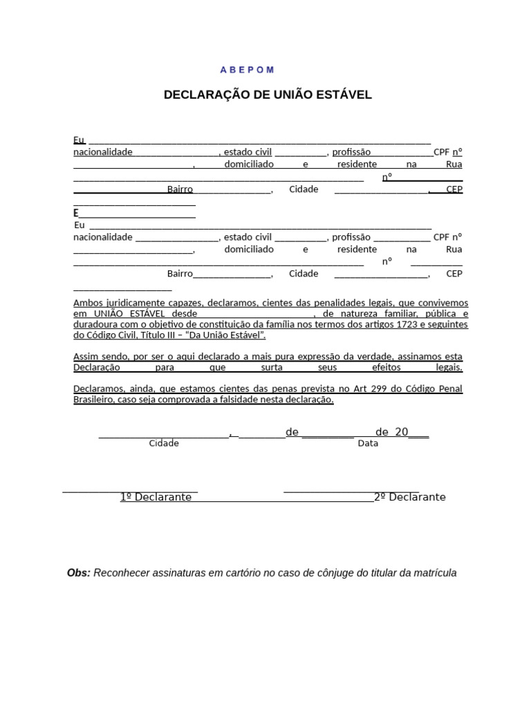 Declaracao De Uniao Estavel Imagesmodelo De Declaracao De Alojamento