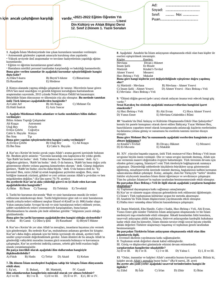 Din Kulturu 12.sinif 2.donem 1.yazili Sorulari 1 | PDF