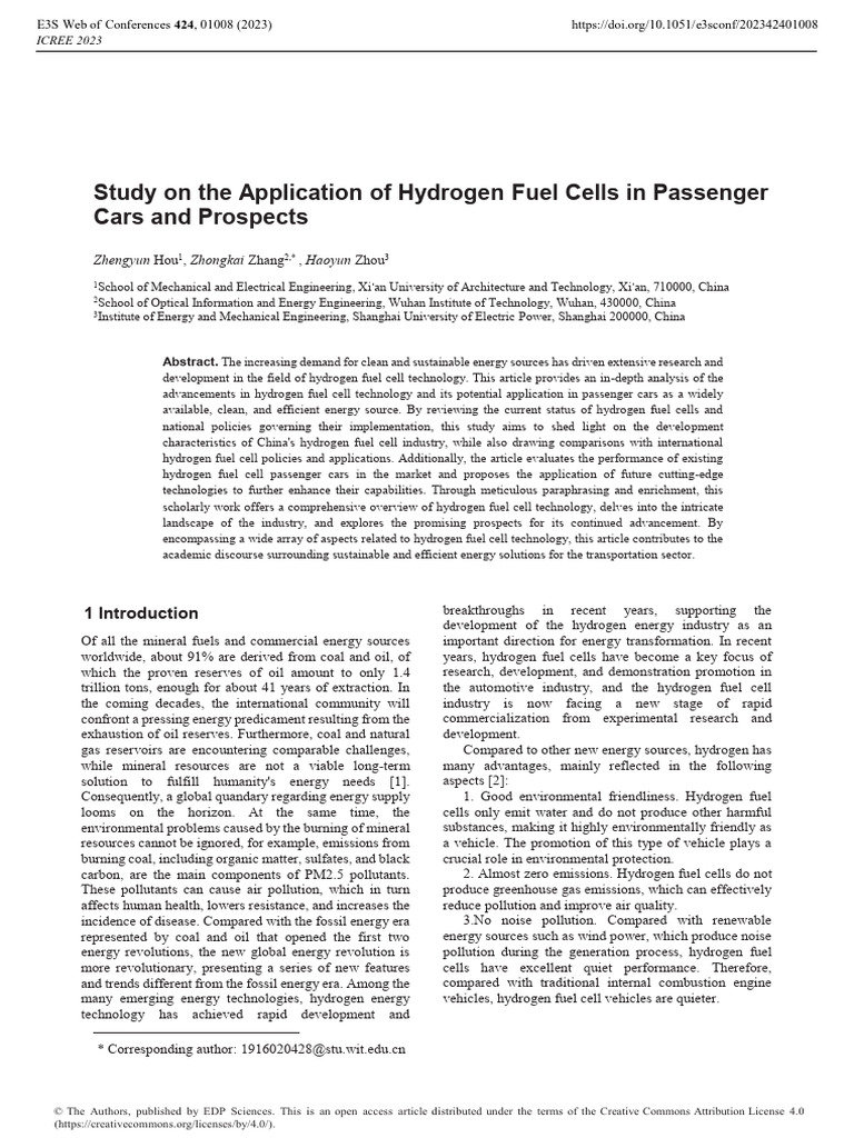 Study On The Application of Hydrogen Fuel Cells in Passenger Cars and ...