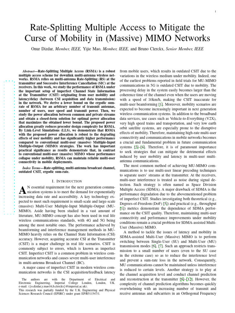 RSMA for Mobile MIMO Networks | PDF | Mimo | Telecommunications Engineering