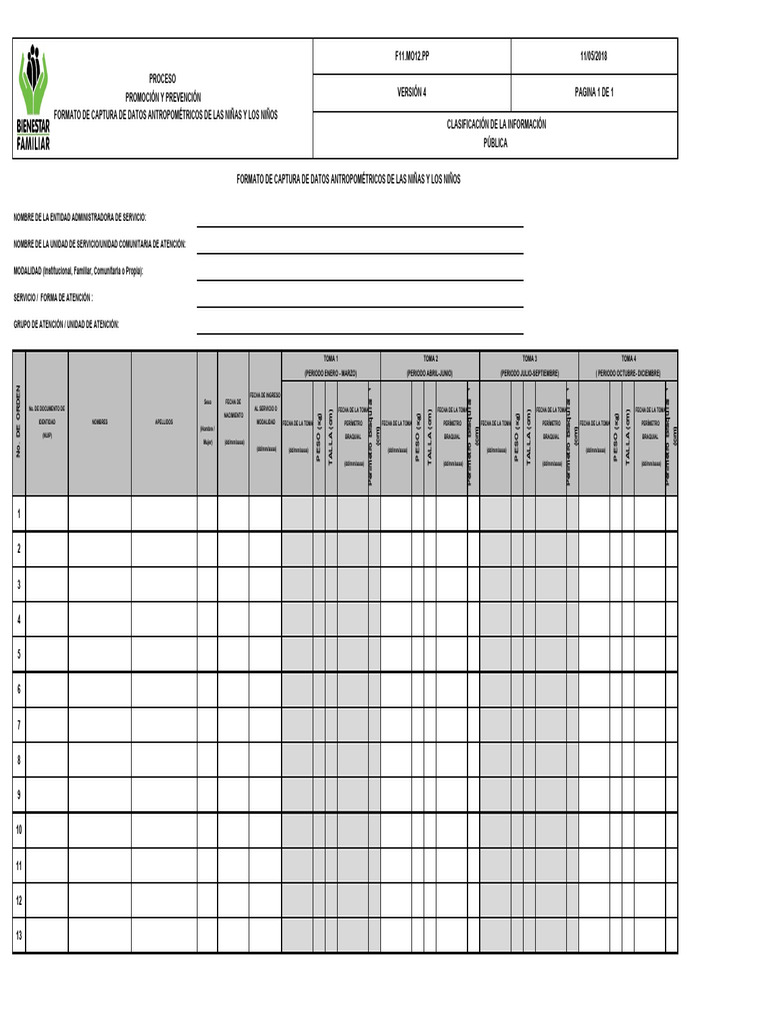 Formato Captura Datos Antropométricos ICBF | PDF