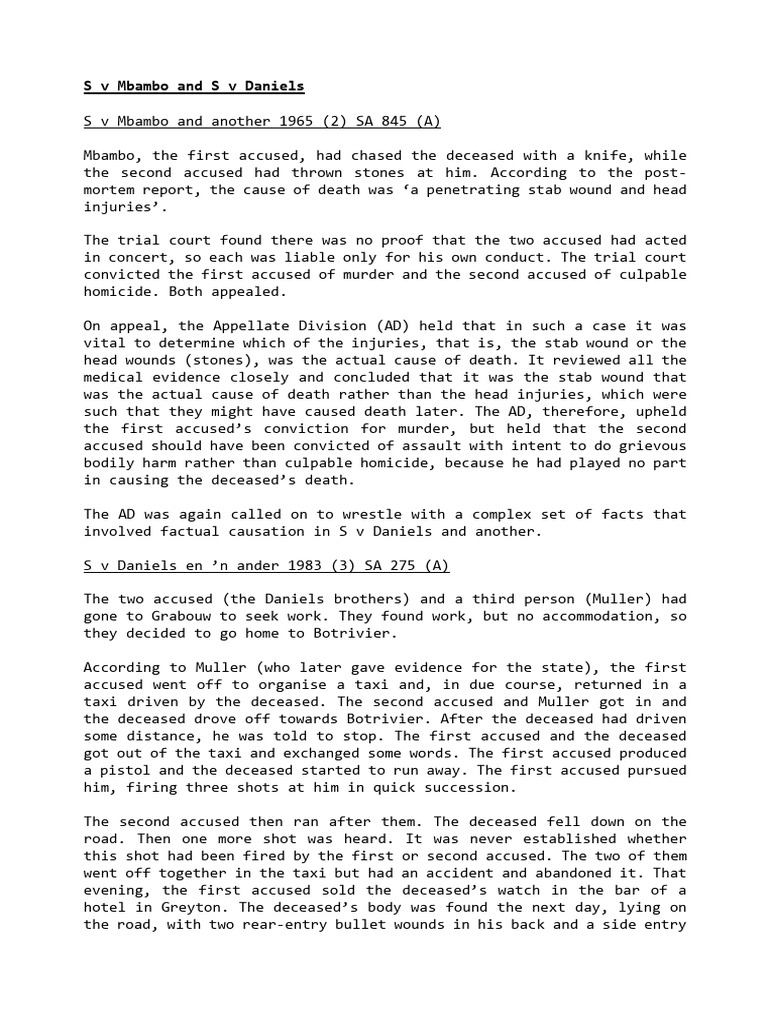 S v Mbambo and S v Daniels Summaries | PDF | Causation (Law) | Common Law