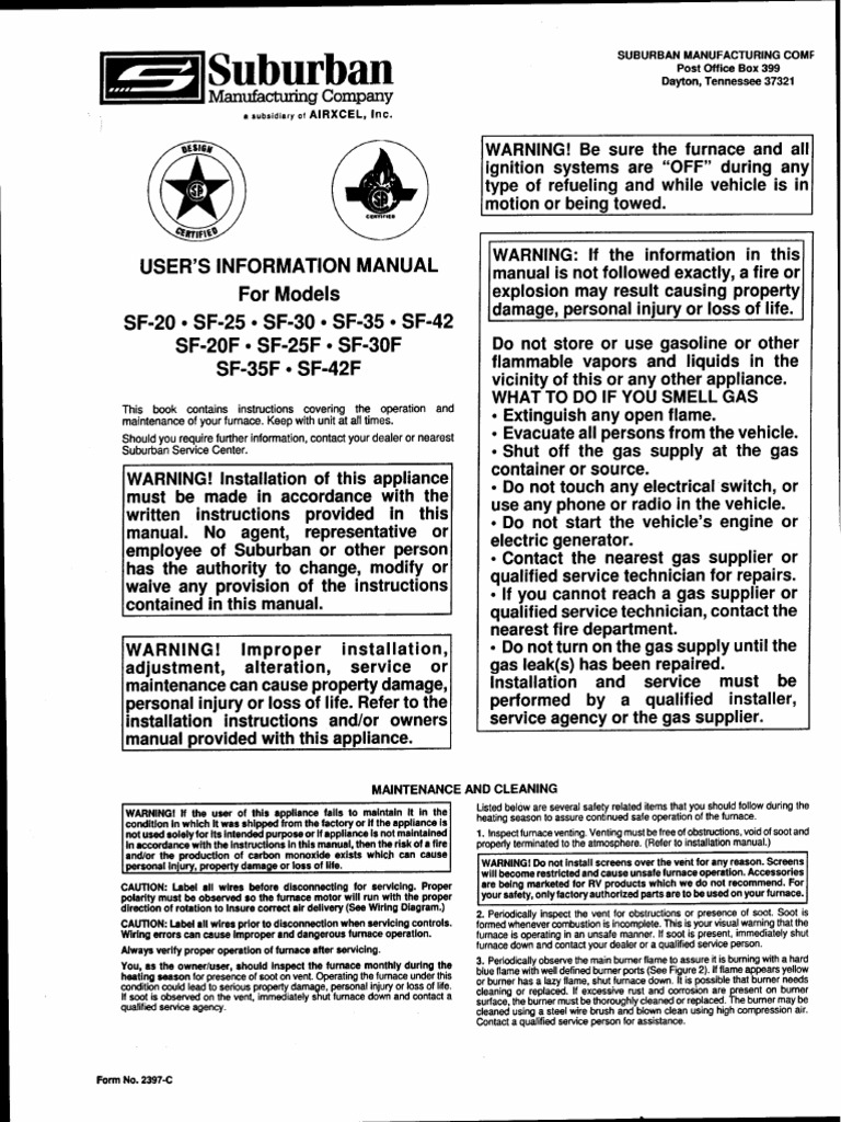 Suburban Gas Furnace Model SF 30 Users Manual | PDF