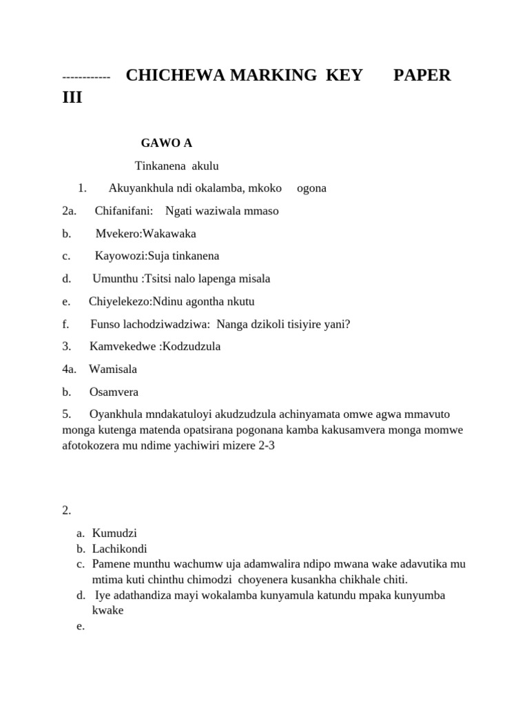 Chichewa Marking Key Paper Iii Answers | PDF