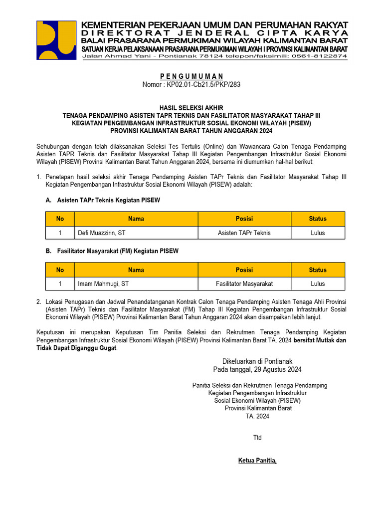 283-Hasil Seleksi Akhir Tenaga Pendamping Asisten Tapr Dan FM Kegiatan Pisew Provinsi Kalimantan ...