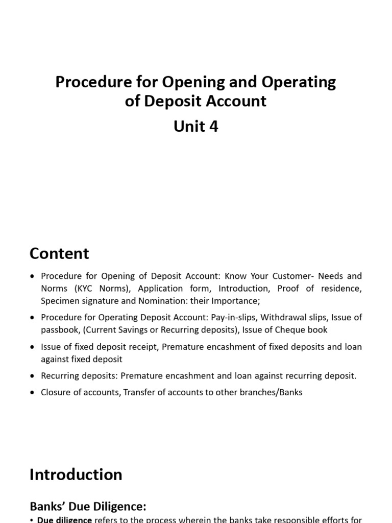 Unit 4 Procedure For Opening and Operating of Deposit Account | PDF | Identity Document | Cheque