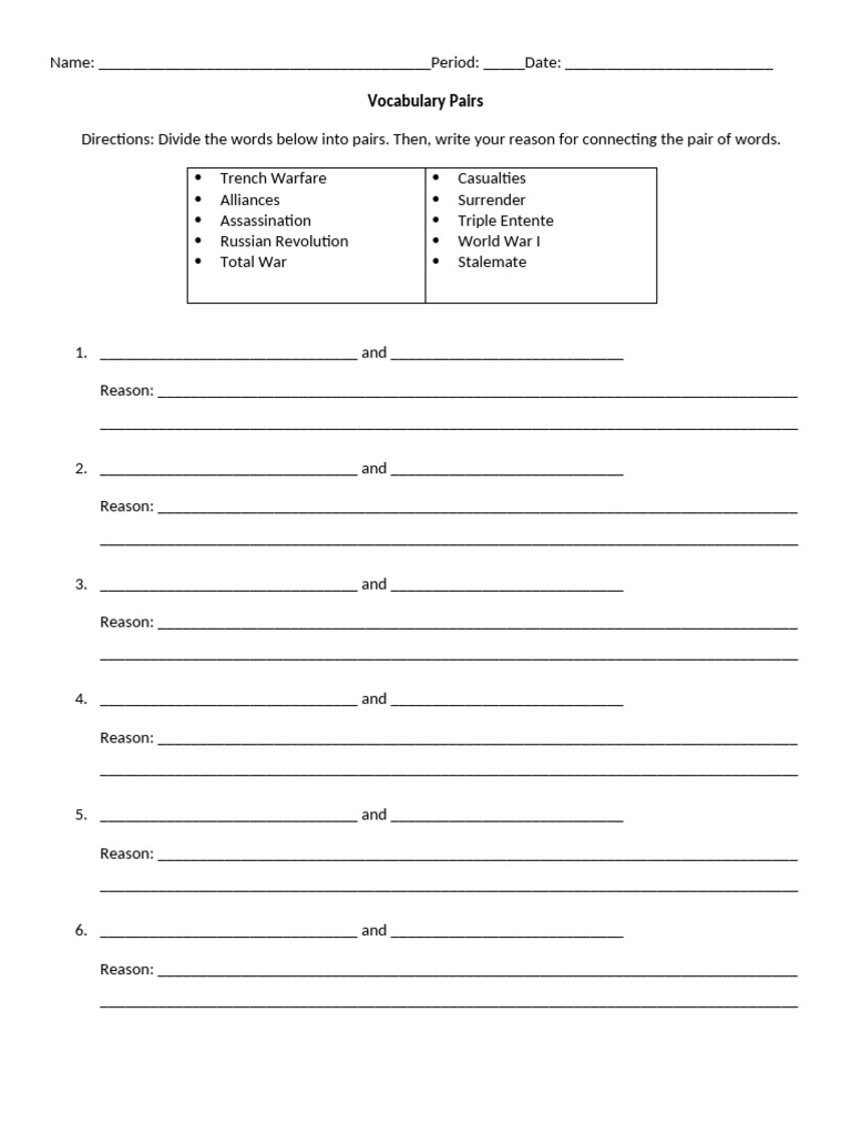 Vocabulary Pairs - WWI | PDF