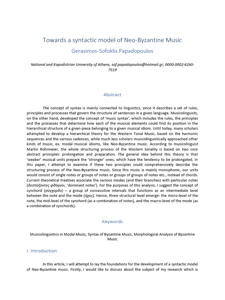 Papadopoulos G.-S. - Towards a Syntactic Model of Neo-Byzantine Music | PDF | Syntax | Linguistics