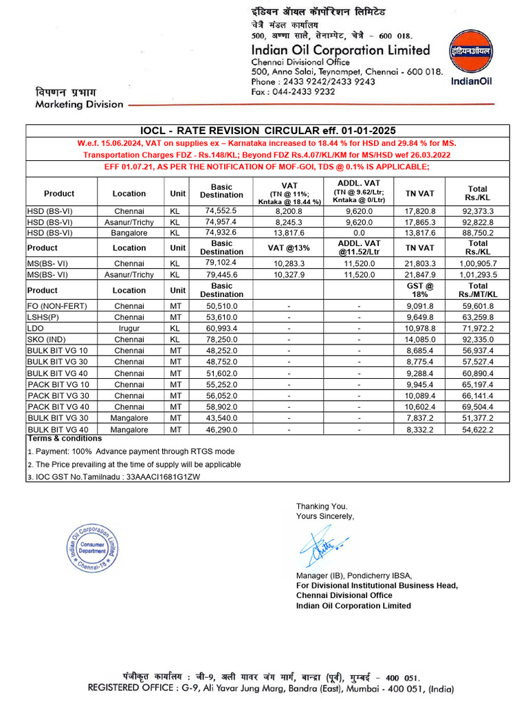 Iocl Price Circular 01-01-2025 Incl Bangalore 0 Lshs PDF | PDF | Business | Sales