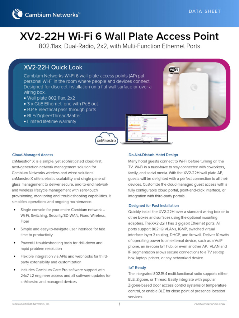 Cambium Networks Data Sheet Wi-Fi-6 XV2-22H Wallplate Access Point | PDF | Wi Fi | Computer Network