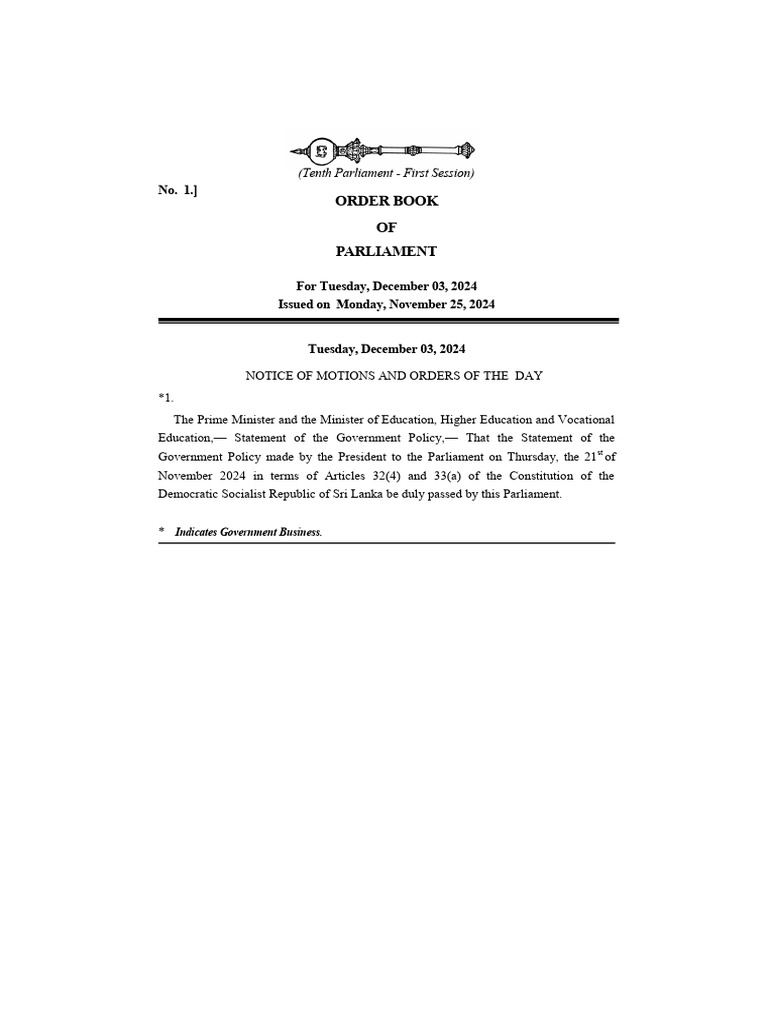 Order Book of Parliament - Dec 3, 2024 | PDF