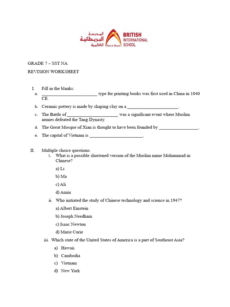 GRADE 7 - Revision Worksheet - Term 1 | PDF
